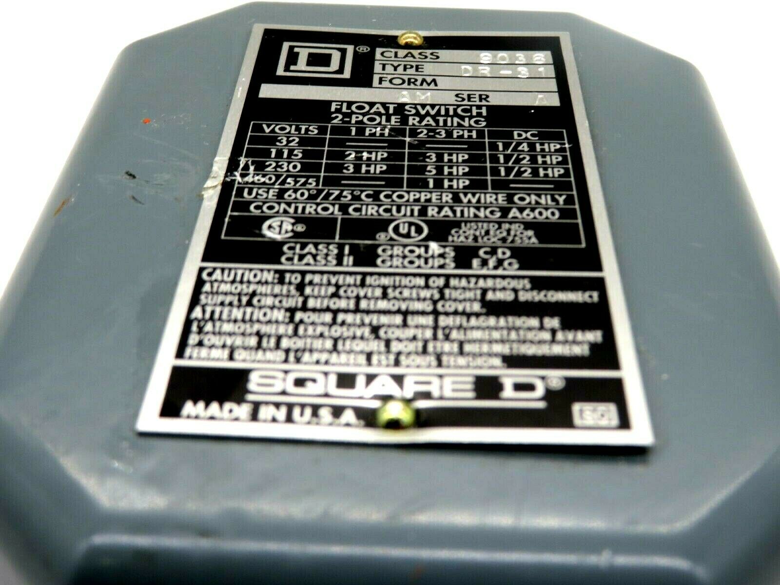 NEW SQUARE D 9036DR31 FLOAT SWITCH SERIES A - SB Industrial Supply, Inc.