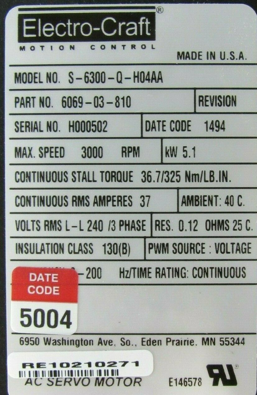 REFURBISHED ELECTROCRAFT S-6300-Q-H04AA SERVO MOTOR 6069-03-810 ...