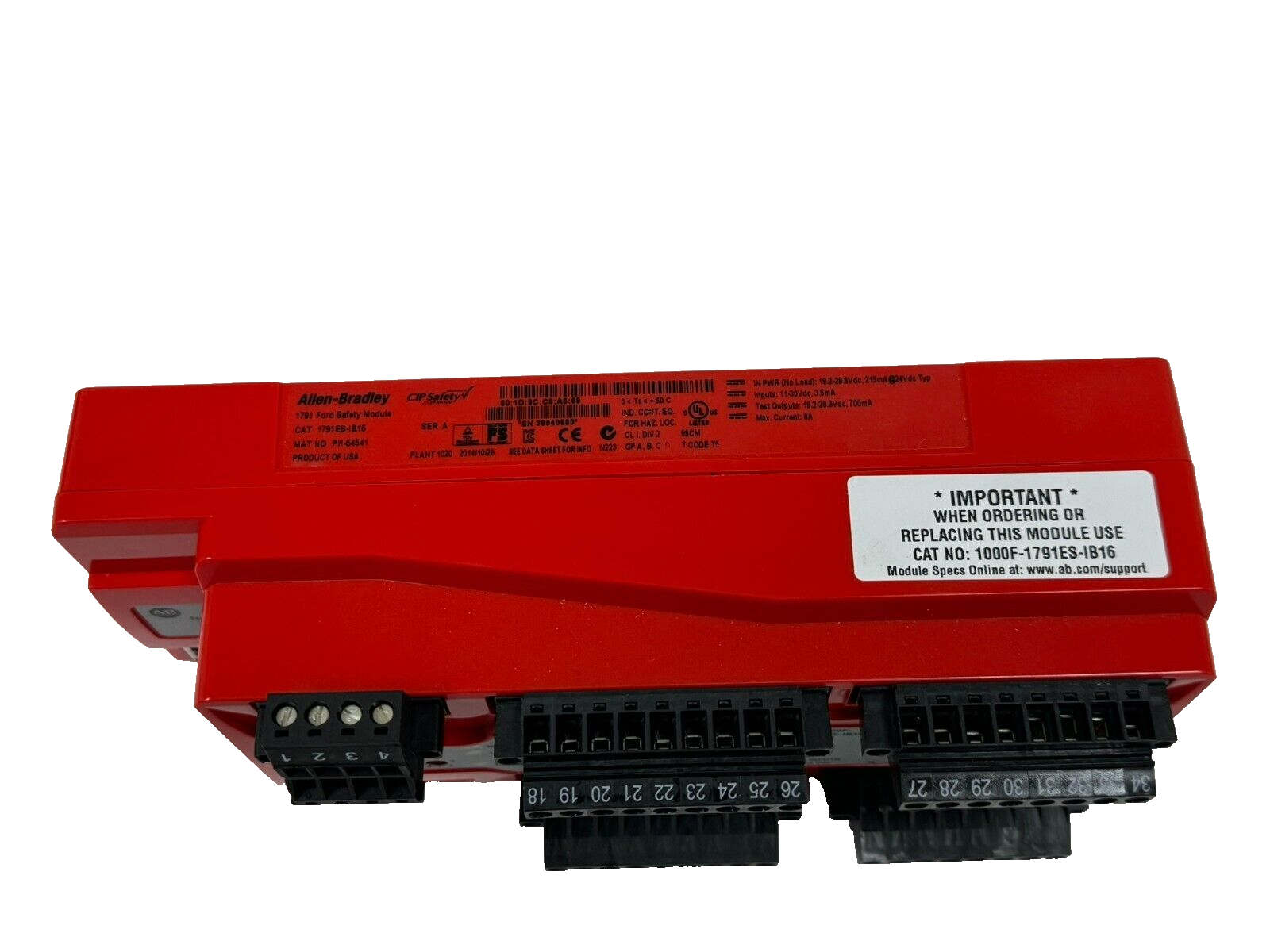 USED ALLEN BRADLEY 1791ES-IB16 FORD SAFETY MODULE SER. A 1000F-1791ES ...