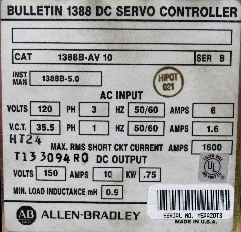 USED ALLEN BRADLEY 1388B-AV-10 SERVO CONTROLLER 1388BAV10 SER B 10A ...