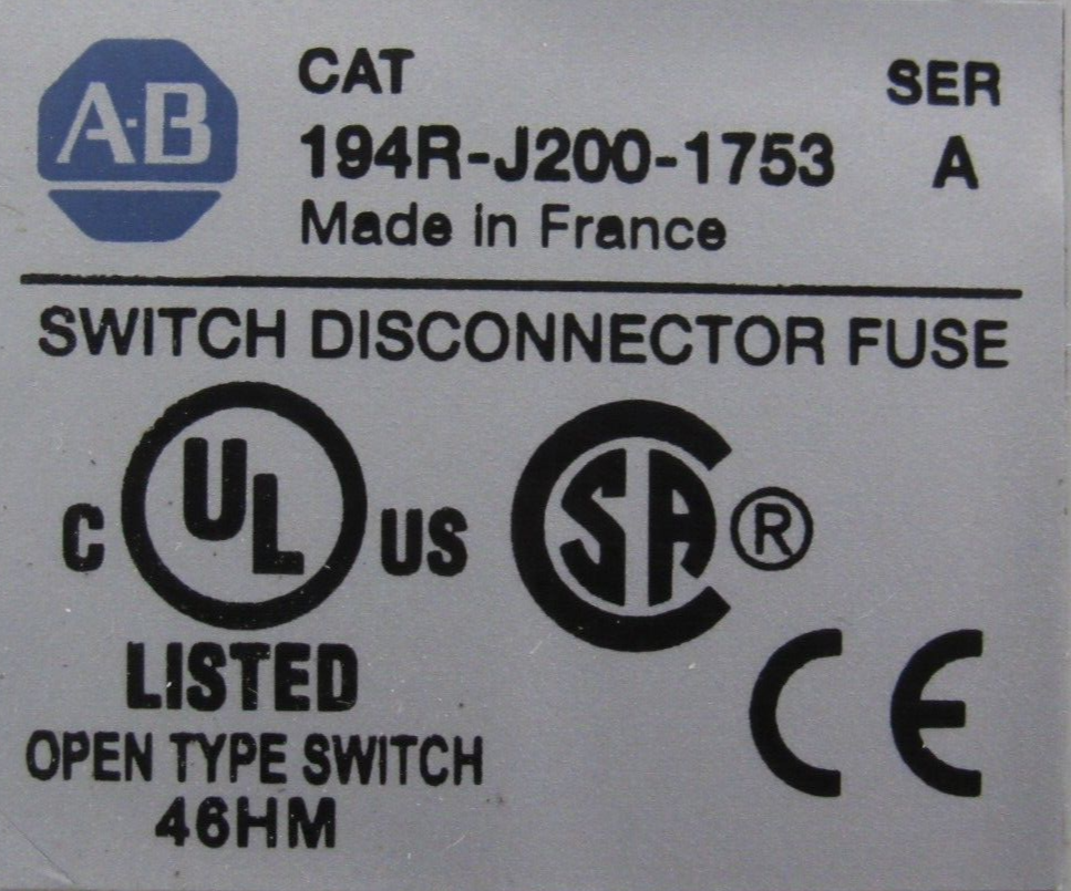 USED ALLEN BRADLEY 194R-J200-1753 DISCONNECT SWITCH SER.A 194RJ2001753 ...