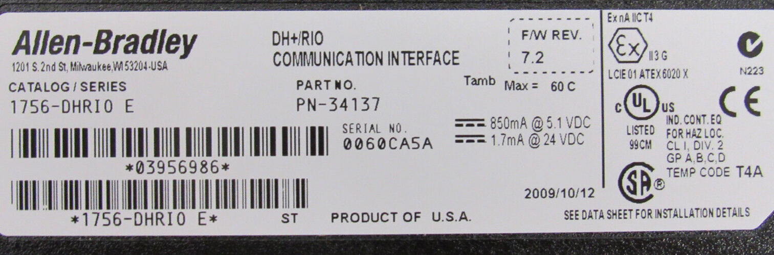 ALLEN BRADLEY 1756-DHRIO COMMUNICATION INTERFACE SER.E 1756DHRIO NEW ...