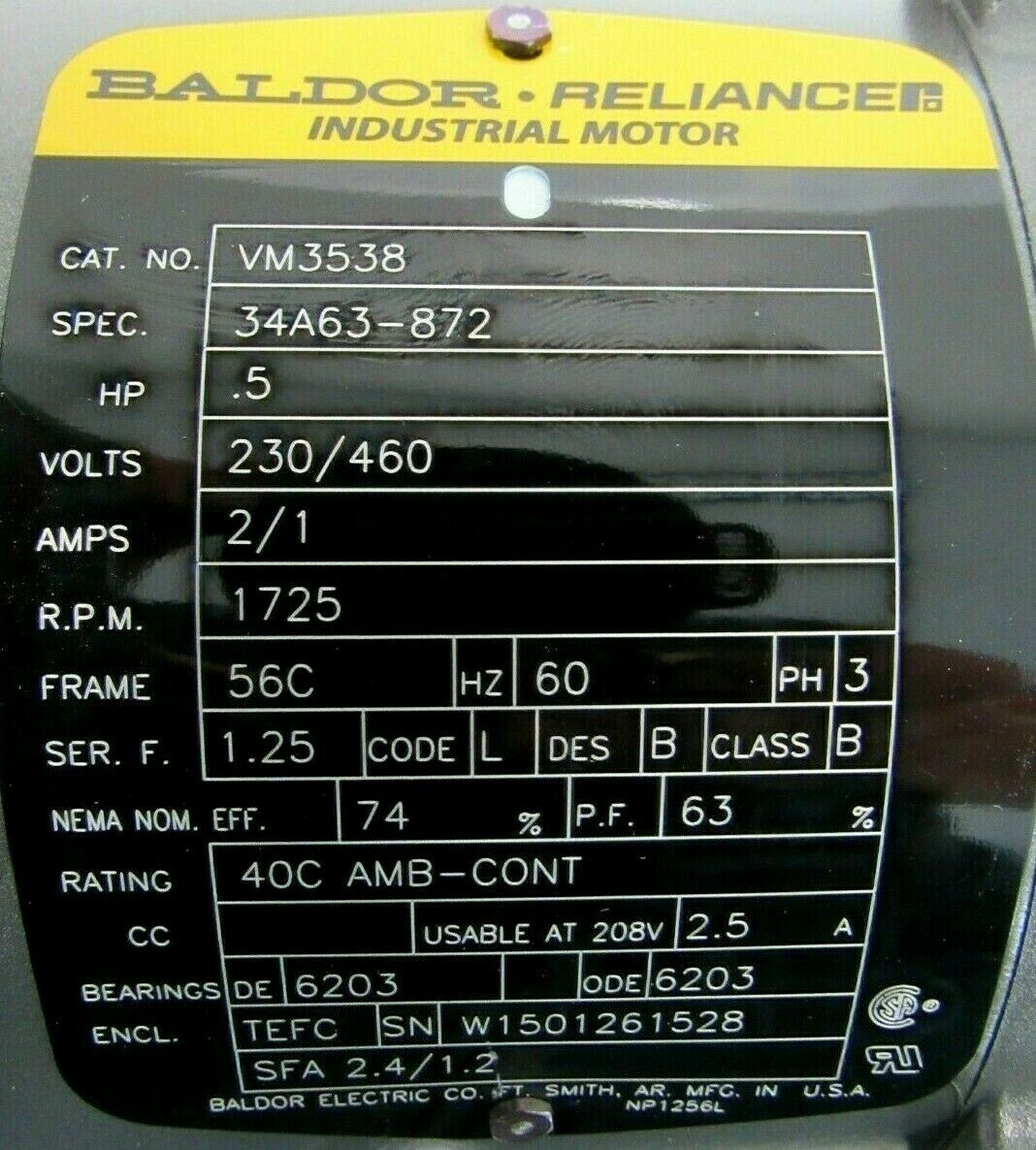 NEW BALDOR VM3538 MOTOR .5HP 230/460V 1725RPM 5/8" DIA. 34A63-872 - SB ...