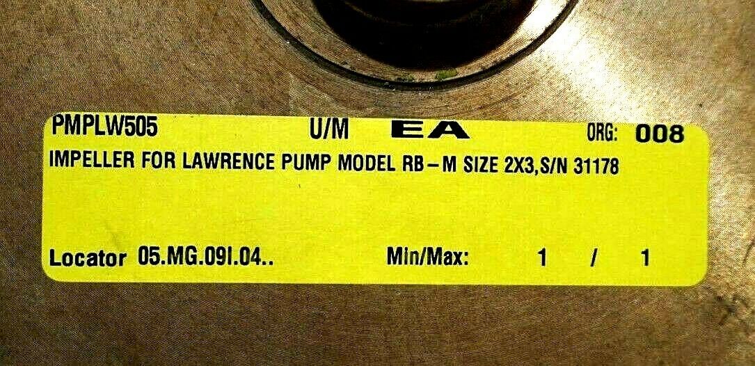 NEW LAWRENCE PMPLW505 IMPELLER FOR PUMP MODEL RB-M SIZE 2X3 - SB ...