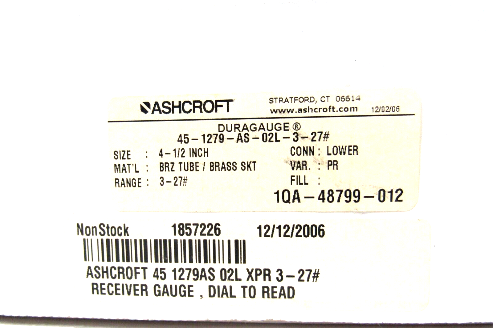 NEW ASHCROFT 45-1279-AS-02L-3-27# DURAGAUGE 451279AS02L327 - SB ...