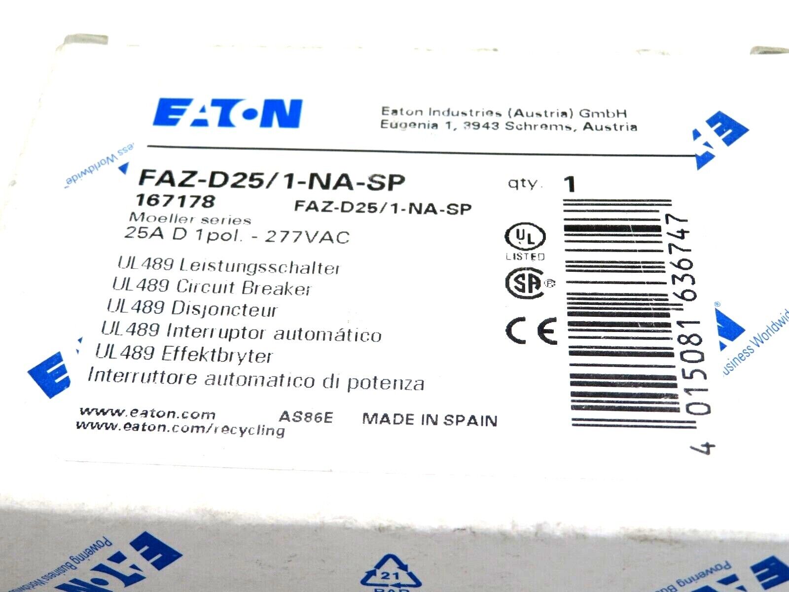 NEW EATON FAZ-D25/1-NA-SP CIRCUIT BREAKER FAZD251NASP - SB Industrial ...