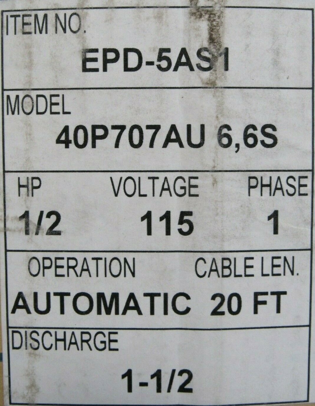 NEW EBARA EPD-5AS1 SUBMERSIBLE PUMP 1/2HP 40P707AU 6.6S EPD5AS1 - SB ...
