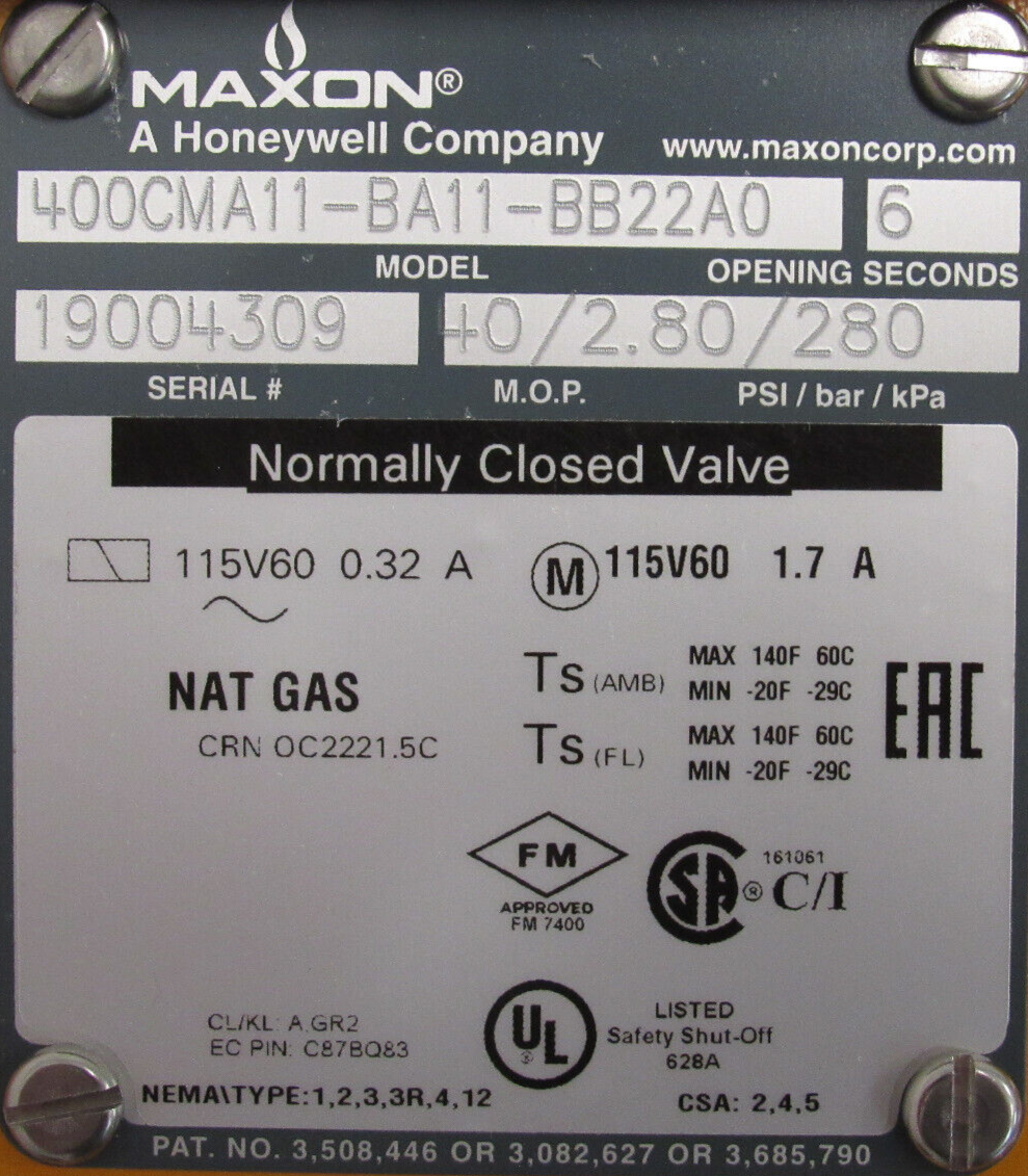 NEW MAXON 400CMA11-BA11-BB22A0 GAS VALVE 3-3/4" 400CMA11BA11BB22A0 - SB ...