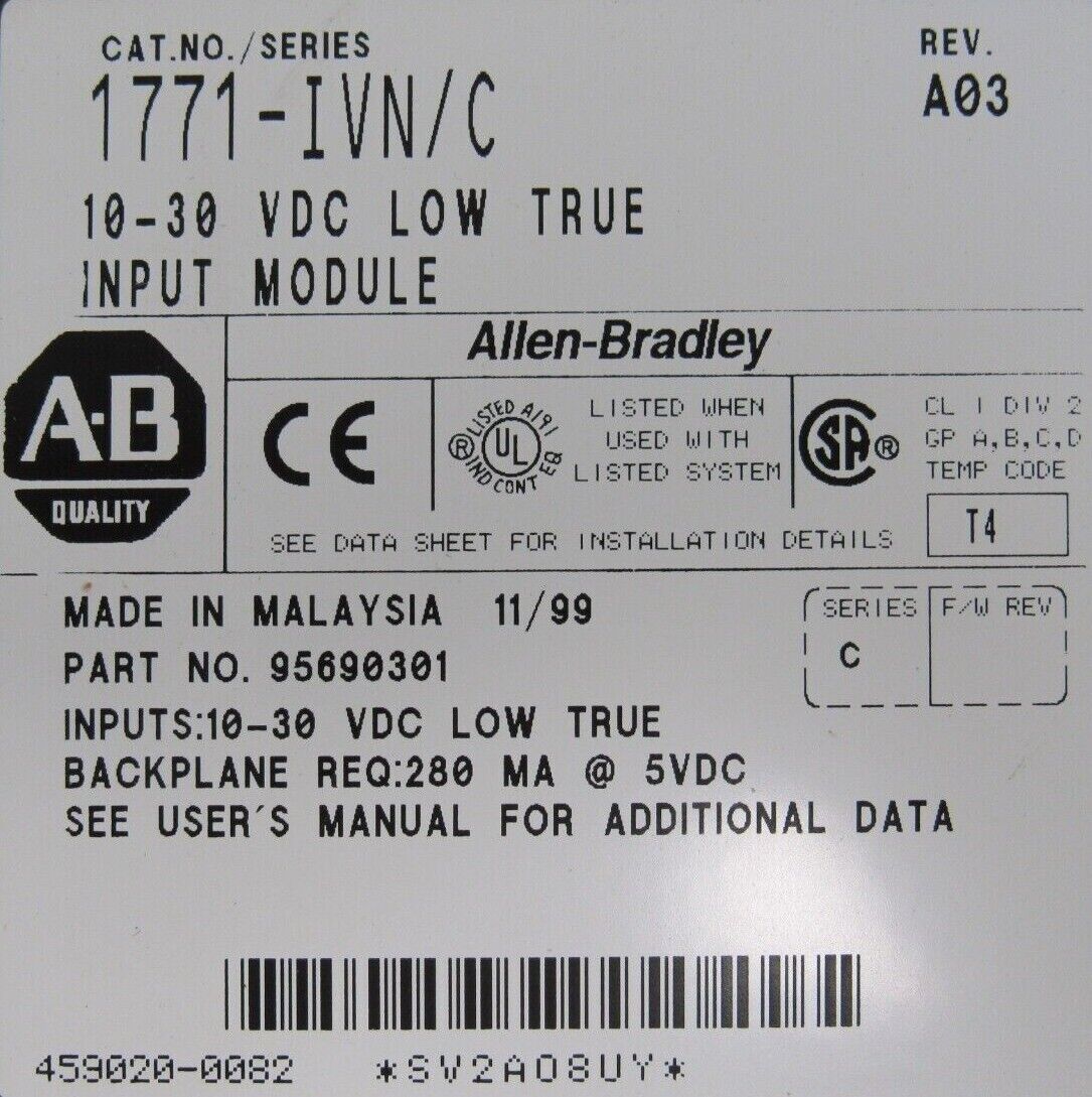 USED ALLEN BRADLEY 1771-IVN/C INPUT MODULE SER.C REV.A03 1771IVNC - SB ...