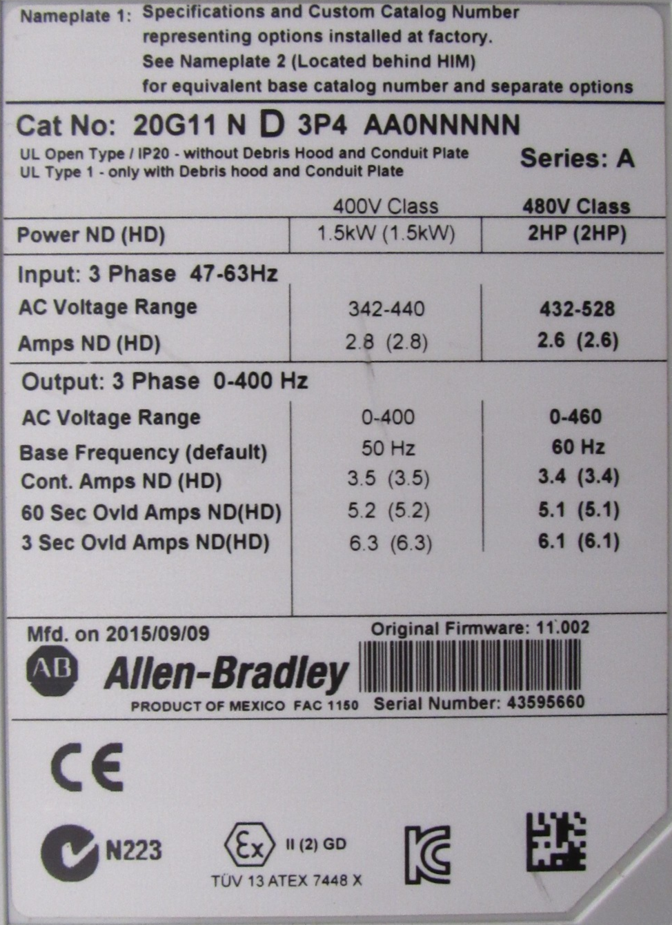 ALLEN BRADLEY 20G11ND3P4AA0NNNNN POWERFLEX 755 SER. A 2HP (NEW SURPLUS ...