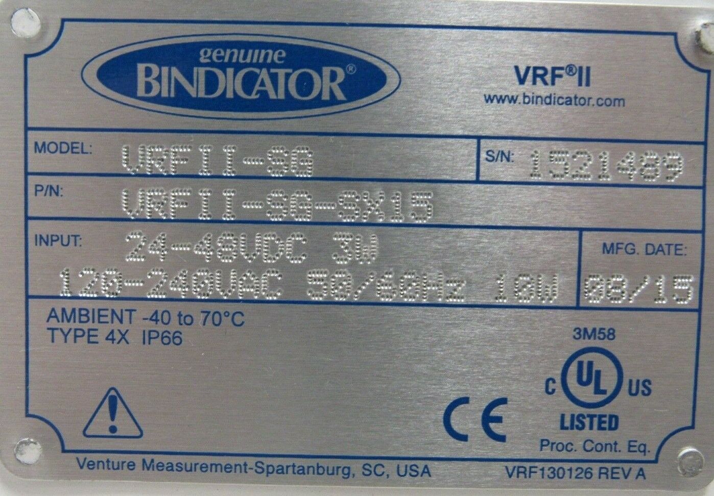 NEW BINDICATOR VRFII-SG-SX15 LVEL TRANSMITTER VRFIISGSX15 - SB ...