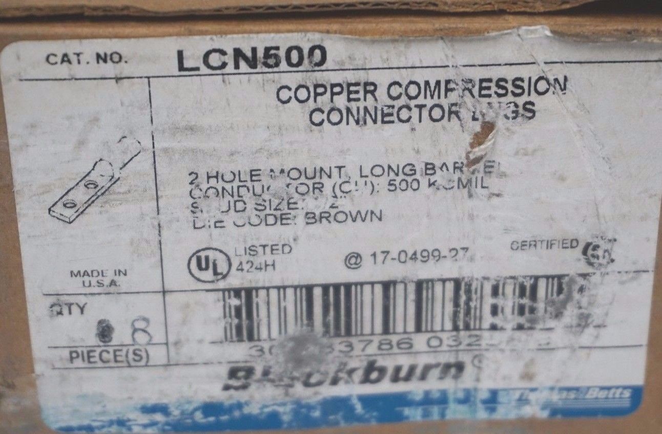 NEW BOX OF 8 BLACKBURN LCN500 CONNECTOR LUGS COPPER COMPRESSION - SB ...