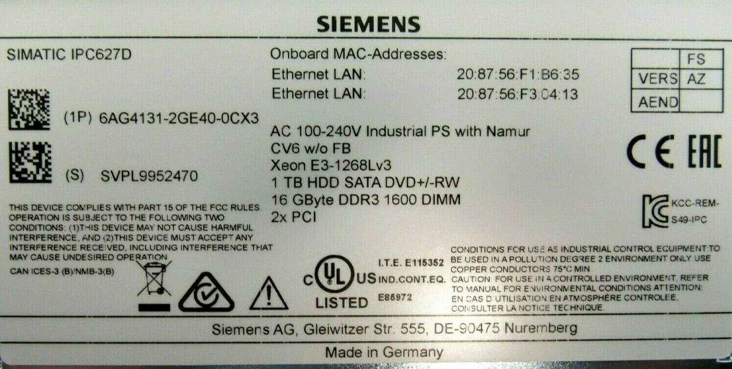 NEW SIEMENS 6AG4131-2GE40-0CX3 SIMATIC IPC627D PC 6AG41312GE400CX3 - SB ...