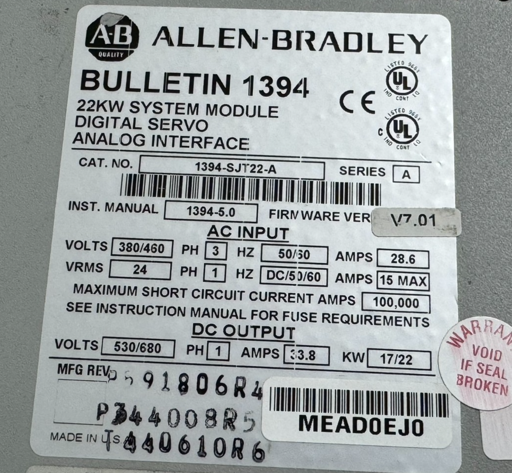 ALLEN BRADLEY 1394-SJT22-A SERVO ANALOG INTERFACE DRIVE SER. A ...