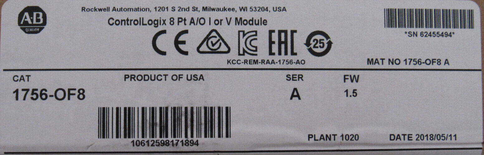 ALLEN BRADLEY 1756-OF8 OUTPUT MODULE SER.A 1756OF8 NEW SEALED SURPLUS ...