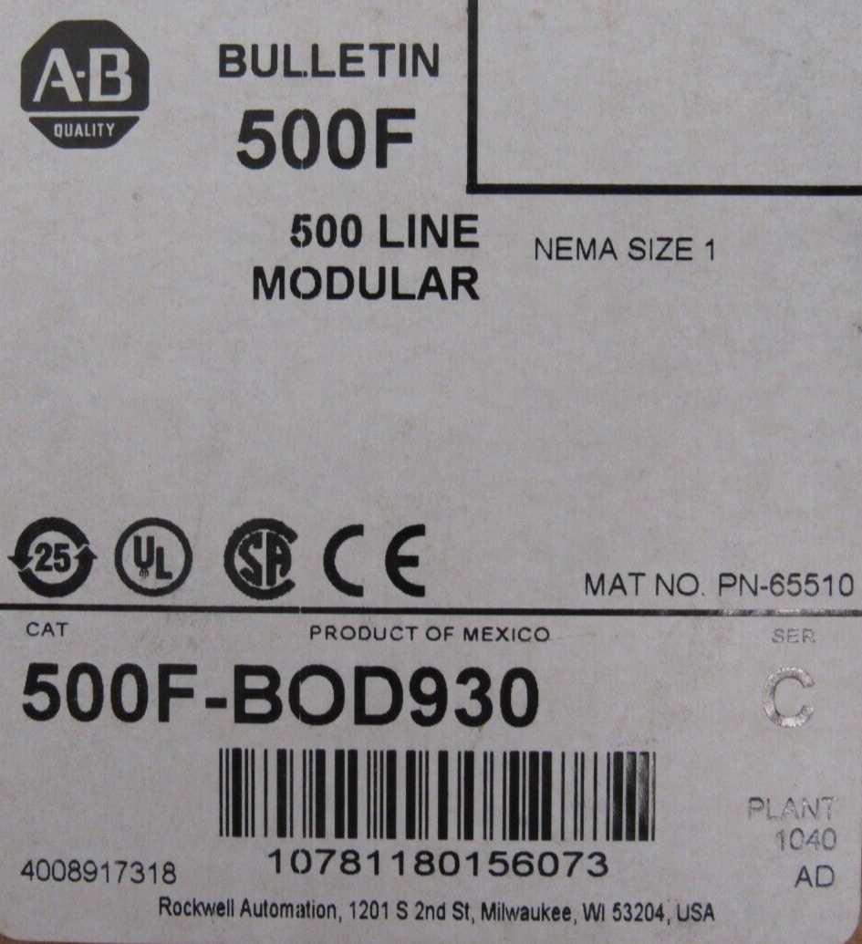 ALLEN BRADLEY 500F-BOD930 STARTER SIZE 1 SER.C 500FBOD930 NEW SURPLUS ...