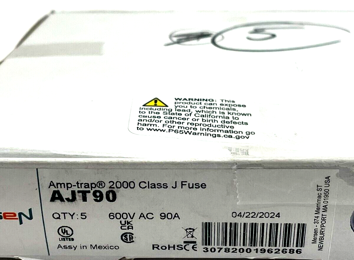 NEW MERSEN FERRAZ SHAWMUT AJT90 CLASS J FUSES 600V 90A 5 COUNT - SB ...