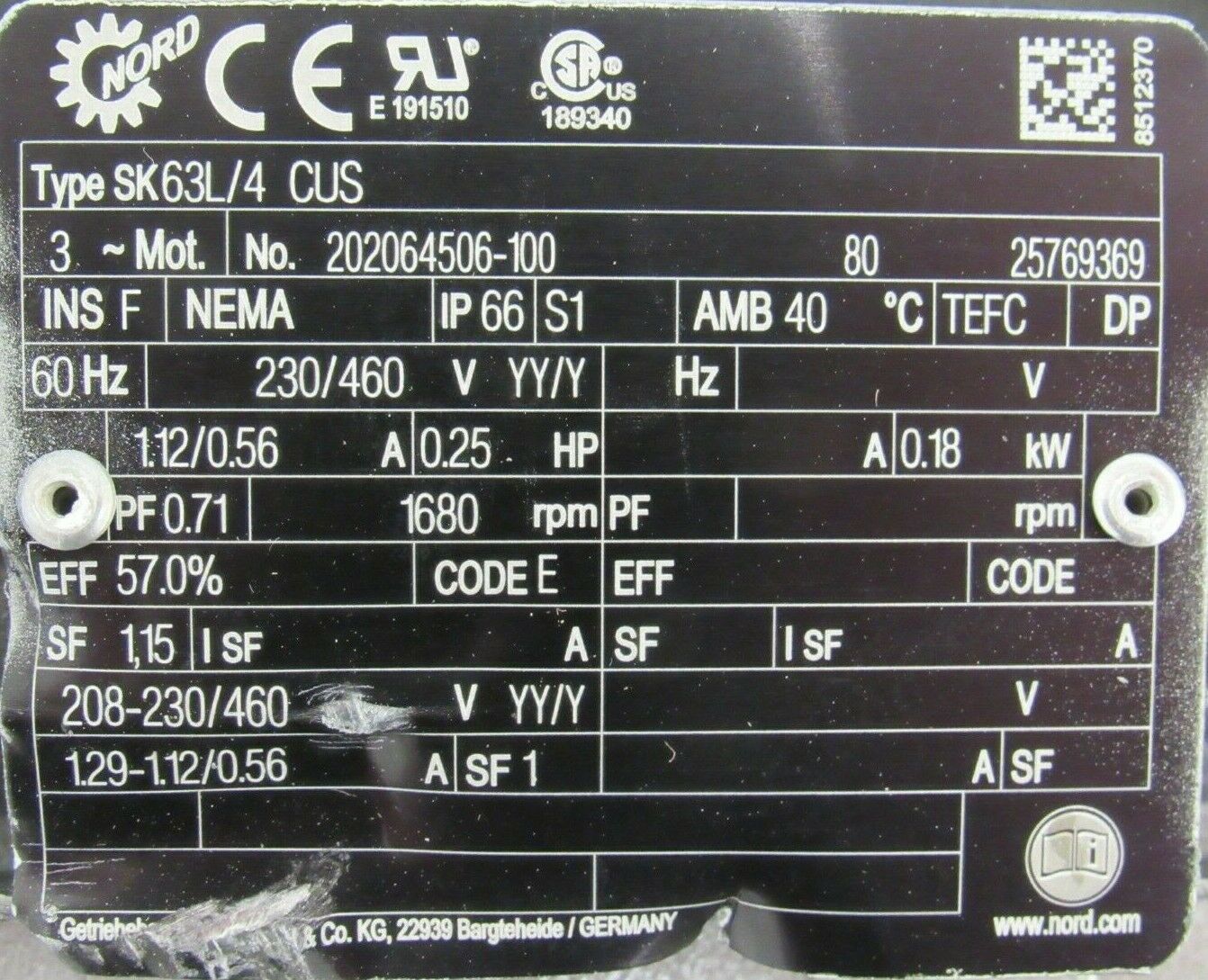 NEW NORD SK63L/4CUS GEAR MOTOR 30:1 5/8" BORE SK63L4CUS SK1SMID31AF-63L ...