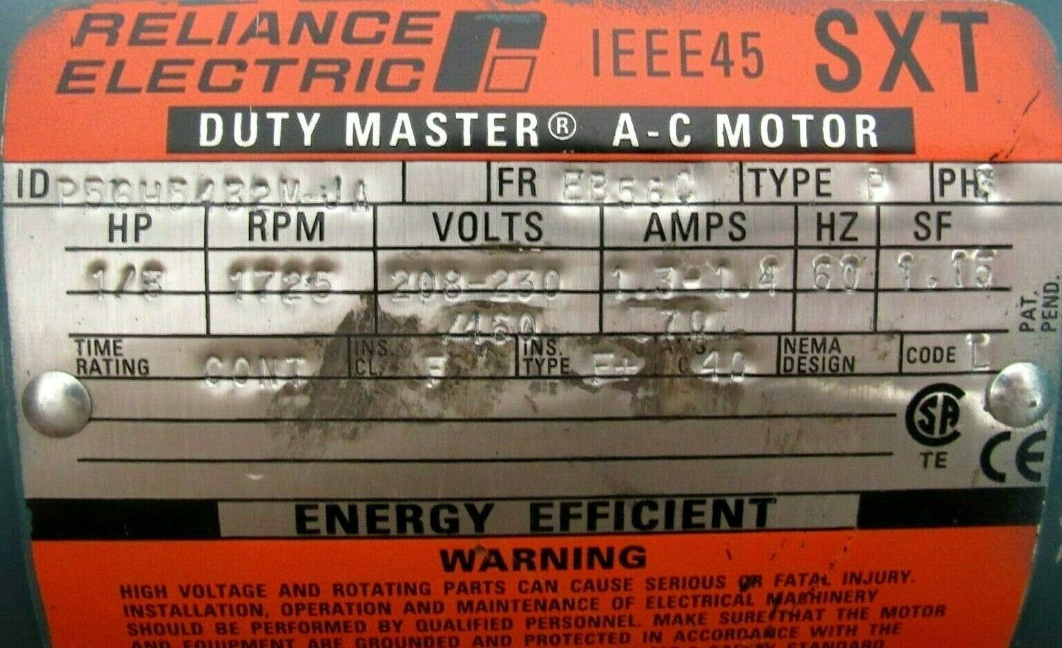 NEW RELIANCE ELECTRIC P56H5432M-JA MOTOR 1/3HP 1725RPM 208-230/460V 5/8 ...