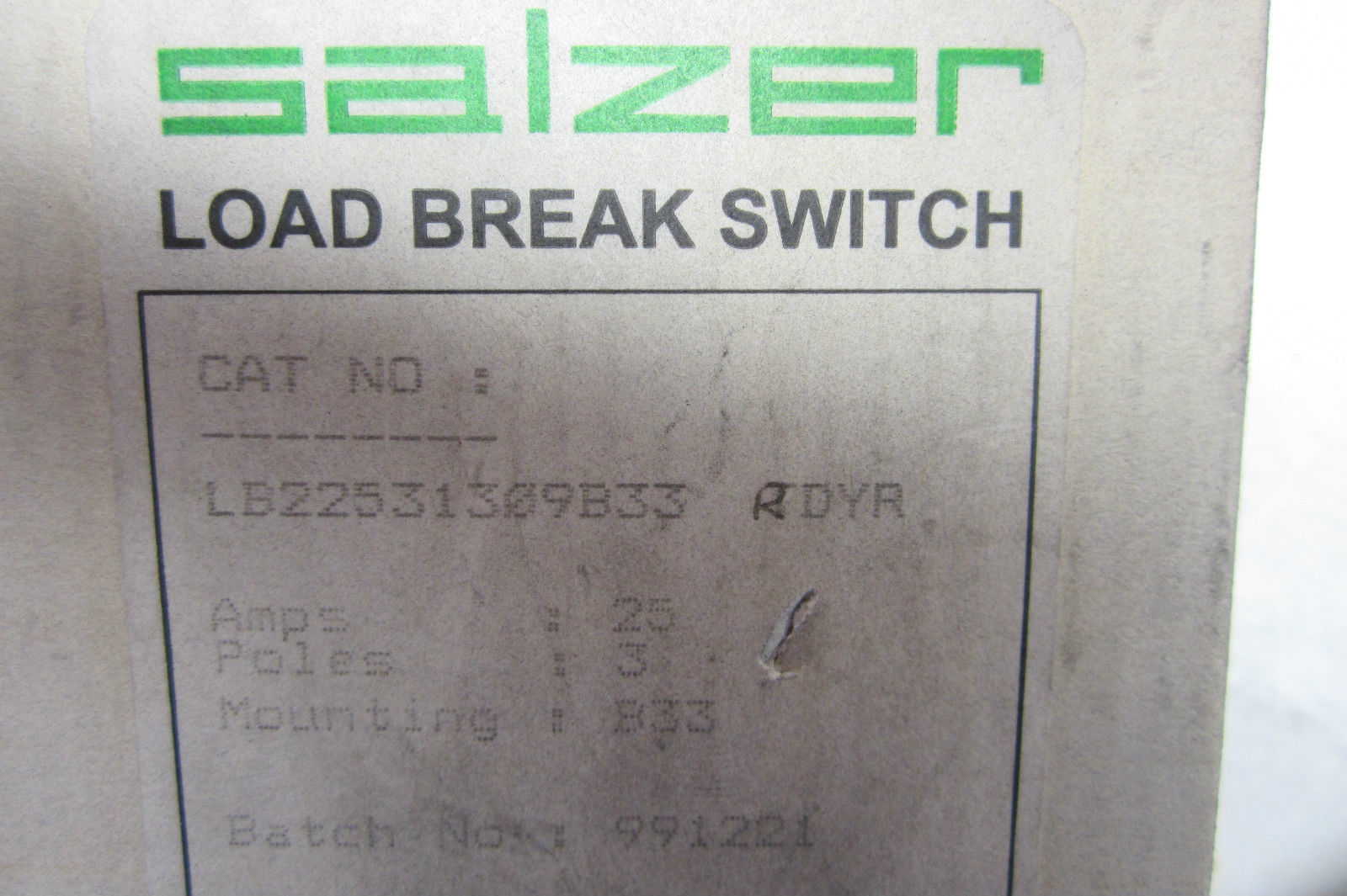 NEW SALZER LB22531309B33 LOAD BREAK SWITCH 25 AMP 3 POLE - SB ...