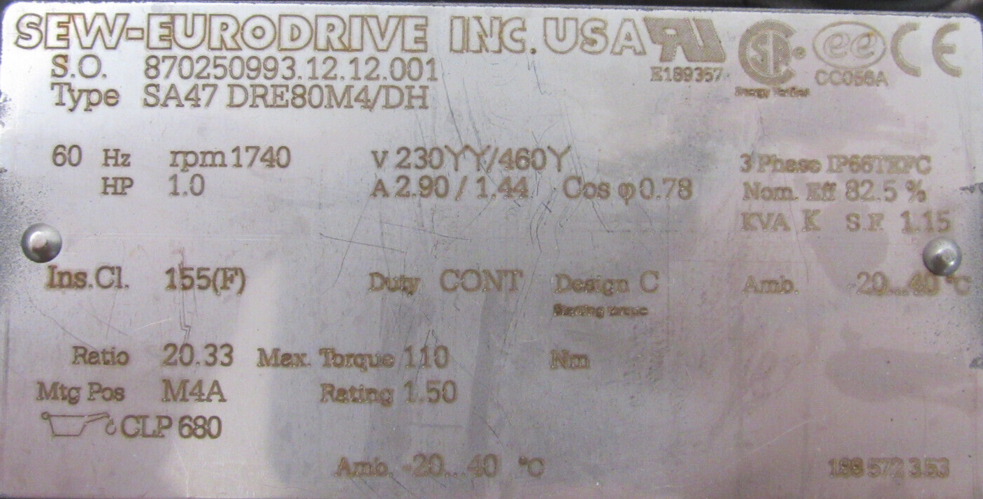 NEW SEW EURODRIVE SA47 DRE80M4/DH GEAR MOTOR 20.23:1 SA47DRE80M4DH - SB ...