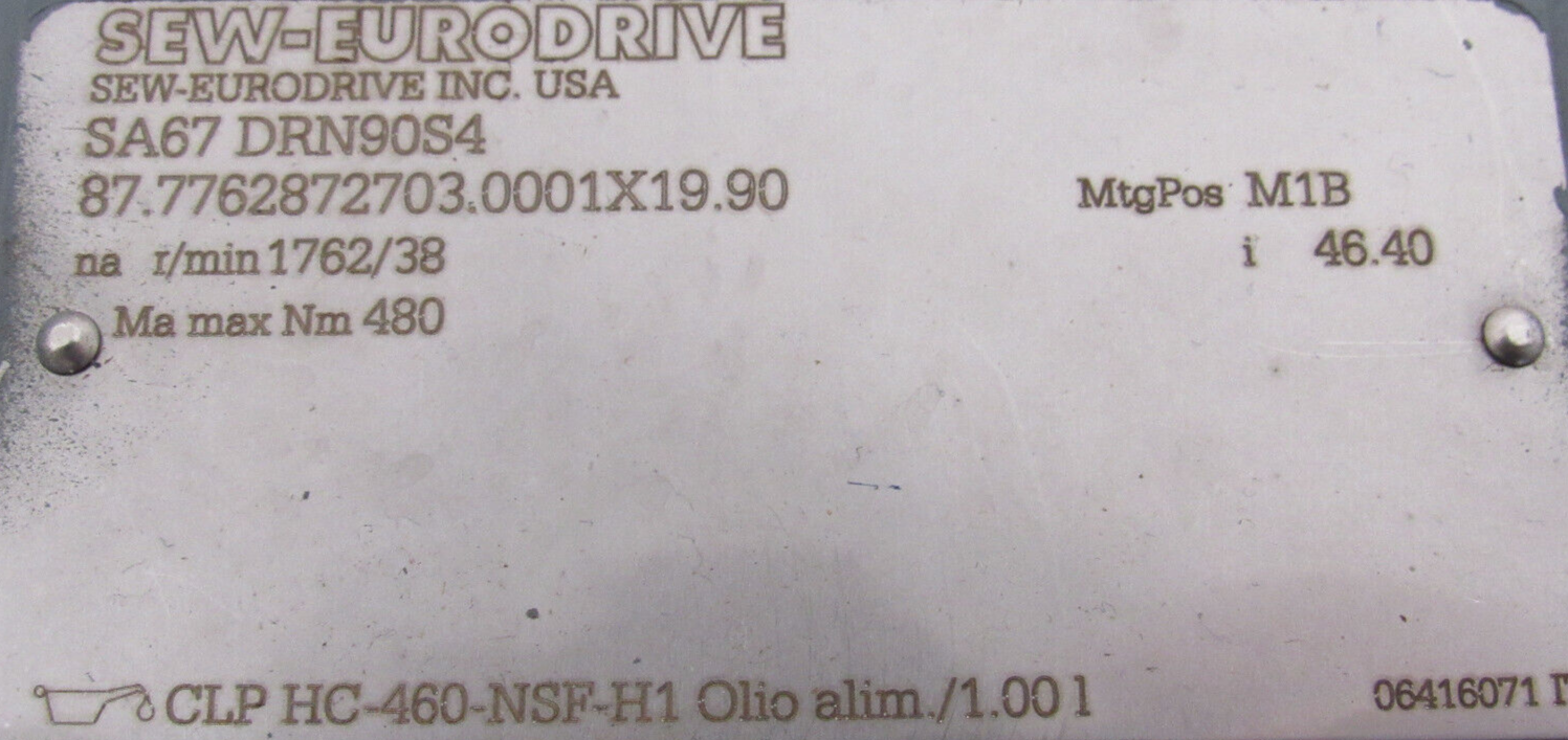 NEW SEW EURODRIVE SA67 DRN90S4 GEARMOTOR 46.40 230/460V SA67DRN90S4 ...