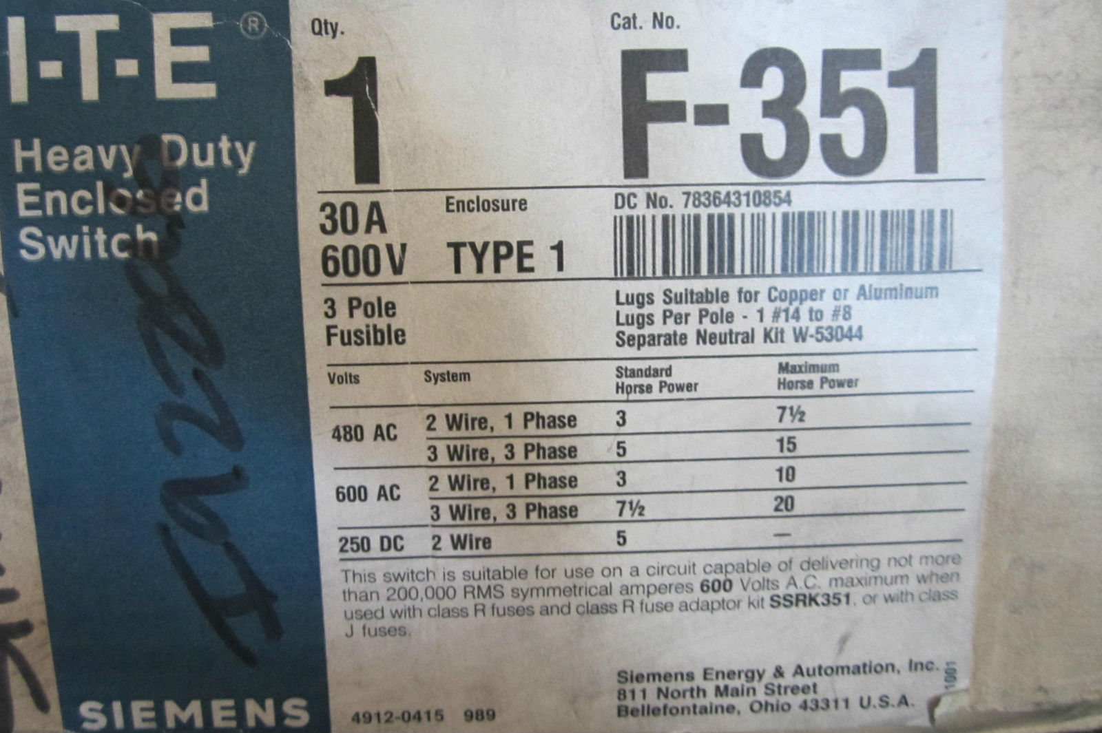 NEW SIEMENS F-351 SAFETY SWITCH ENCLOSURE F351 - SB Industrial Supply, Inc.