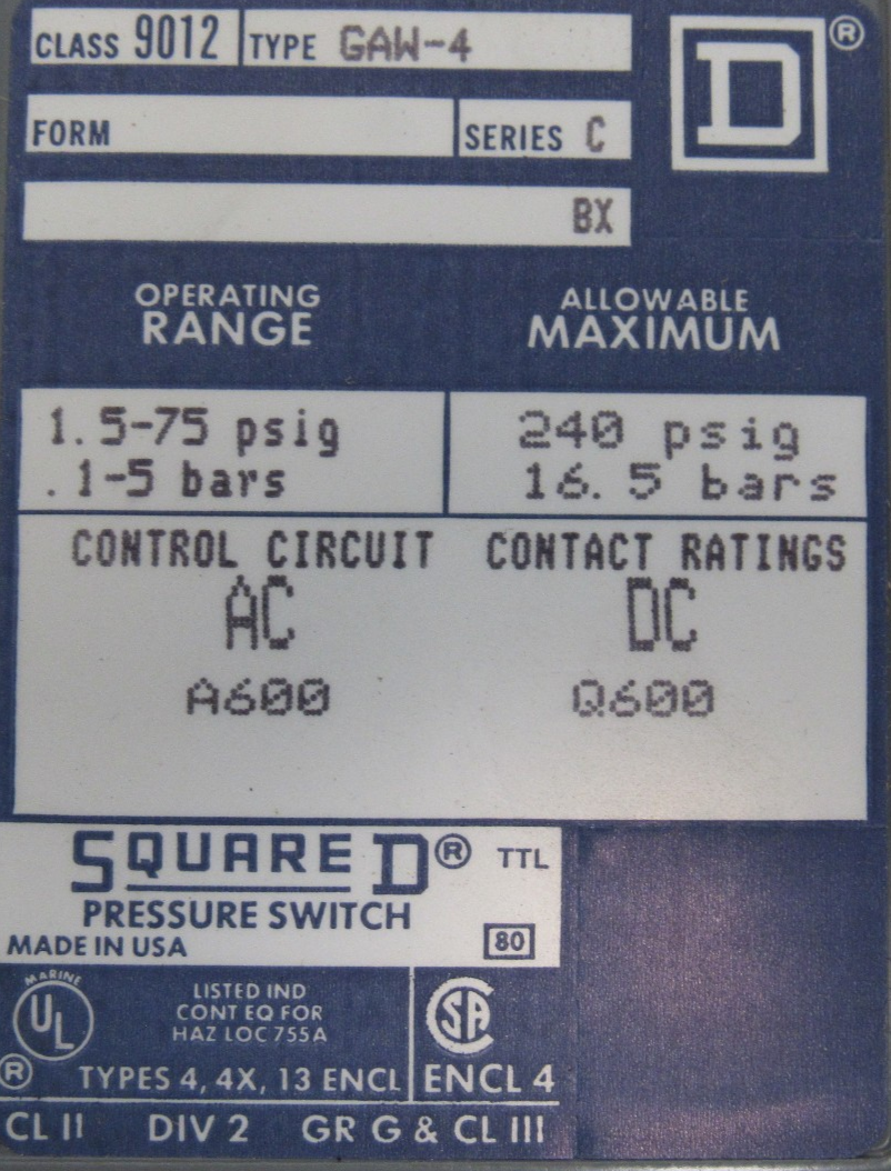 NEW SQUARE D 9012-GAW-4 PRESSURE SWITCH SER.C 9012GAW4 - SB Industrial ...