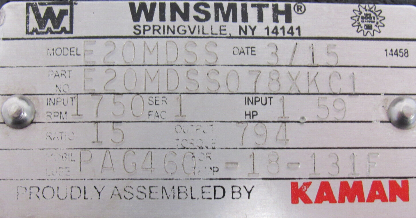 NEW WINSMITH E20MDSS GEAR REDUCER 15:1 E20MDSS078XKC1 - SB Industrial ...
