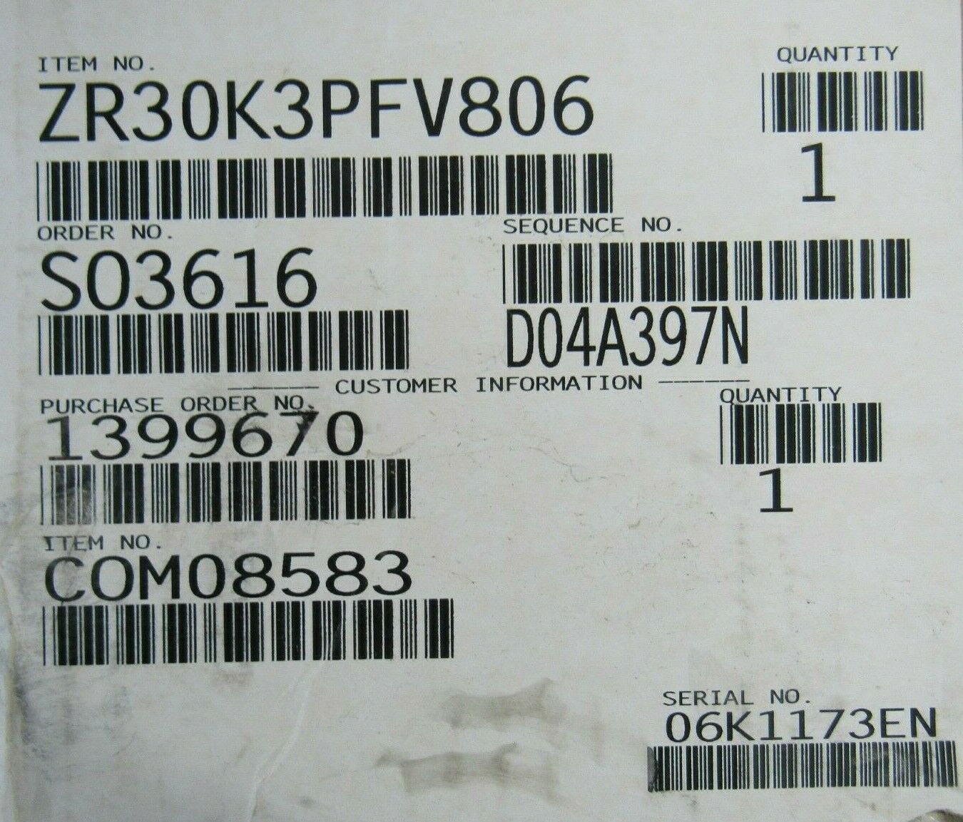 NEW ALLIANCE COMPRESSORS ZR30K3PFV806 COMPRESSOR SPR030B1RPZ - SB ...