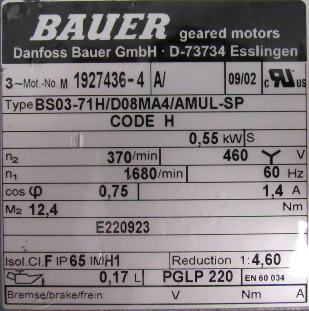 NEW BAUER BS03-71H/D08MA4/AMUL-SP GEARMOTOR BS0371HD08MA4AMULSP 1927436-4 - SB Industrial Supply ...