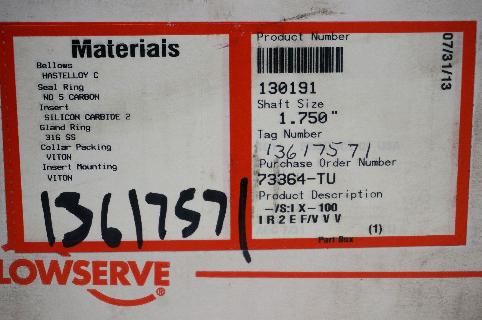 NEW FLOWSERVE 130191 SINGLE CARTRIDGE MOUNTED SEAL X-100 1.750 SHAFT ...