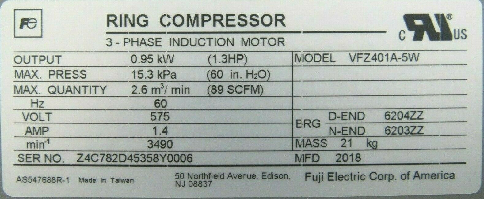NEW FUJI ELECTRIC VFZ401A-5W RING COMPRESSOR 575V 1.3HP VFZ401A5W - SB ...