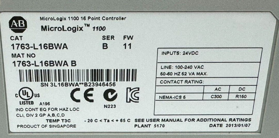 USED ALLEN BRADLEY 1763-L16BWA MICROLOGIX 1100 CONTROLLER SER. B FW: 11 ...