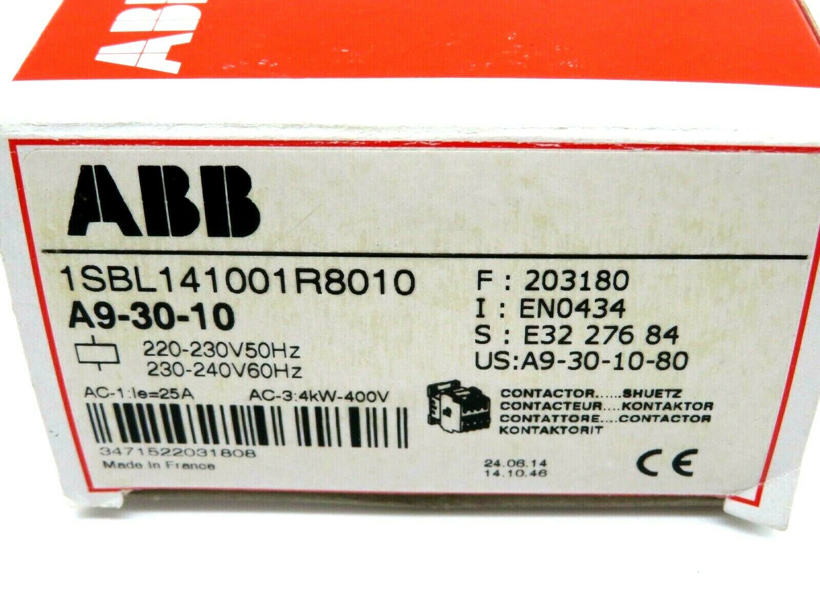 NEW ABB A9-30-10 CONTACTOR 1SBL14100R8010 220-230V 50/60HZ A903010 - SB ...