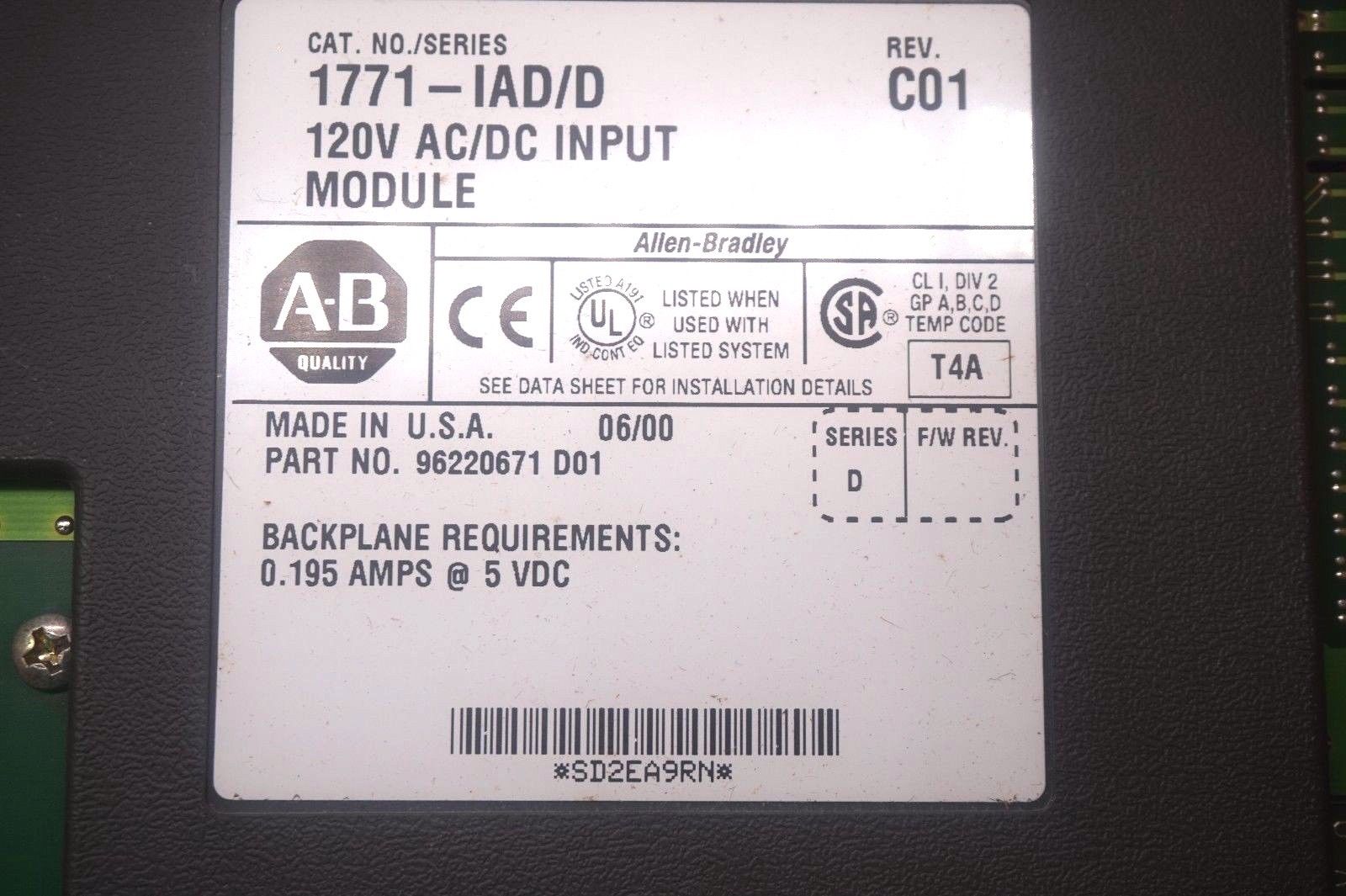 NEW ALLEN BRADLEY 1771-IAD INPUT MODULE SER.D REV.C01 1771IAD - SB ...