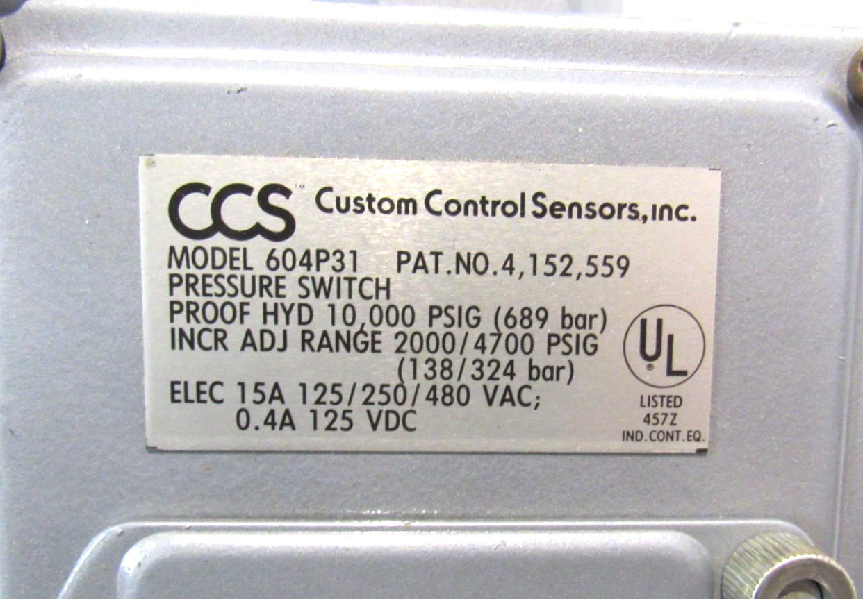 NEW CUSTOM CONTROL SENSORS 604P31 PRESSURE SWITCH - SB Industrial ...