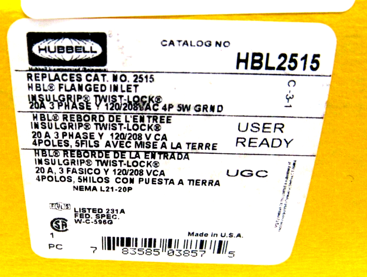 NEW HUBBELL HBL2515 LOCKING FLANGED-INLET - SB Industrial Supply, Inc.