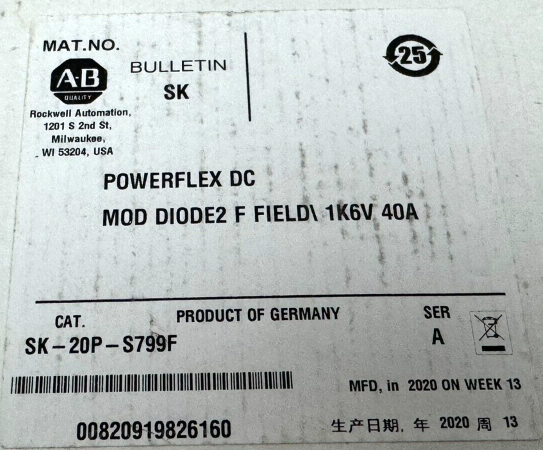 ALLEN BRADLEY SK-20P-S799F POWERFLEX DC MOD DIODE2 F FIELD PRE-OWNED ...