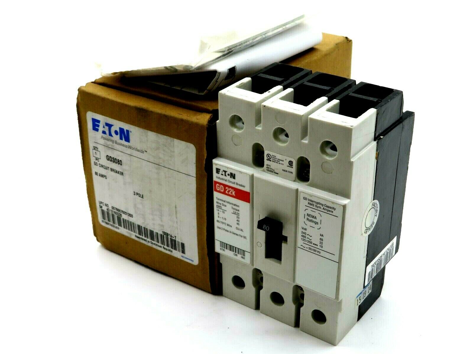 NEW EATON GD3080 GD CIRCUIT BREAKER 80AMPS 3 POLE GD 22K - SB ...