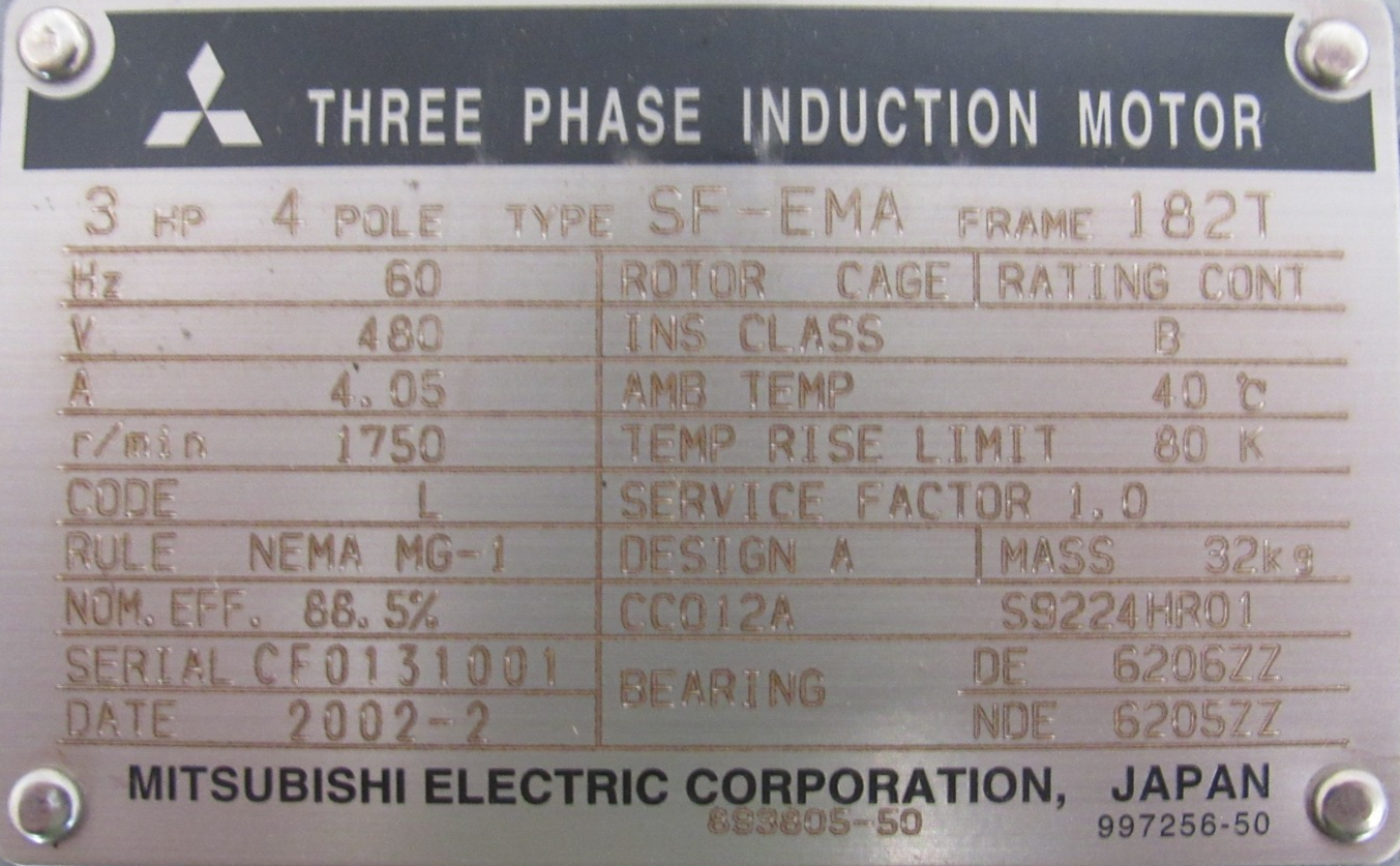 NEW MITSUBISHI SF-EMA MOTOR 3HP 480V 1-1/8" DIA. 182T SFEMA - SB ...
