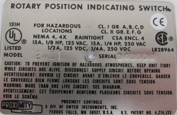 NEW PROXIMITY 12AD1 ROTARY POSITION INDICATING SWITCH - SB Industrial ...
