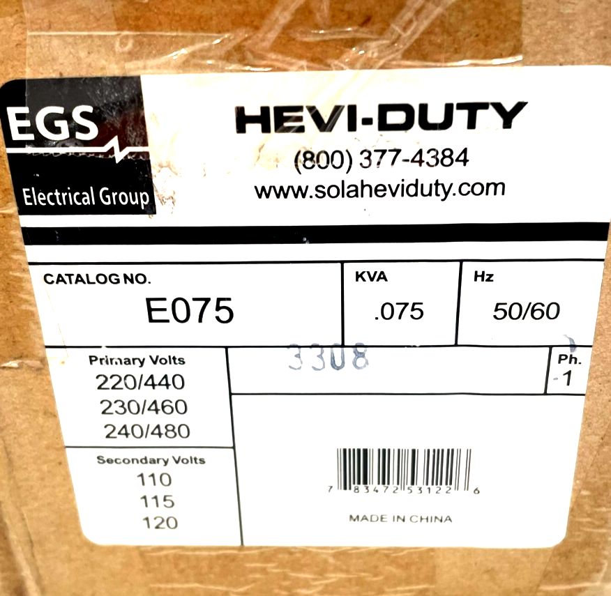 NEW EGS E075 TRANSFORMER .075KVA 50/60HZ - SB Industrial Supply, Inc.