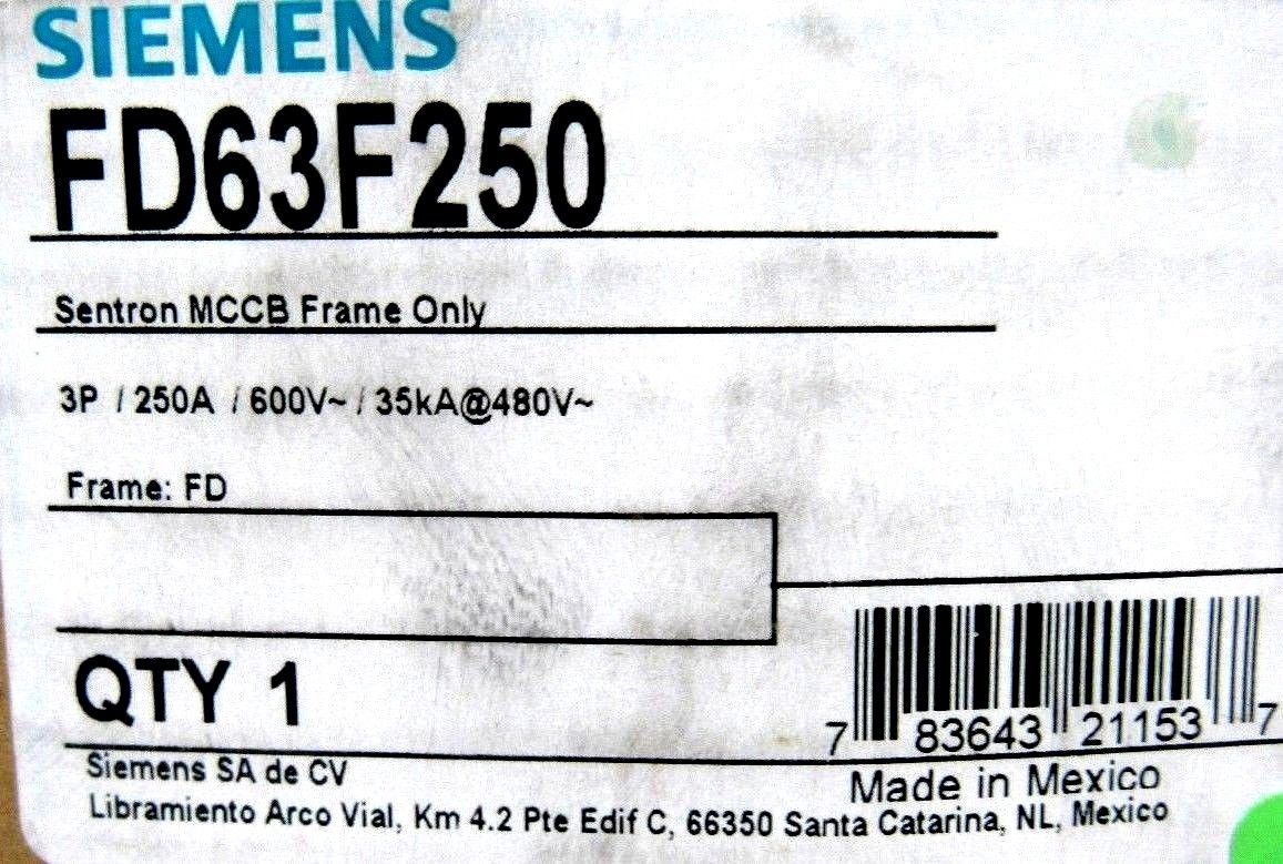 NEW SIEMENS FD63F250 CIRCUIT BREAKER 250A 600V 3 POLE - SB Industrial ...
