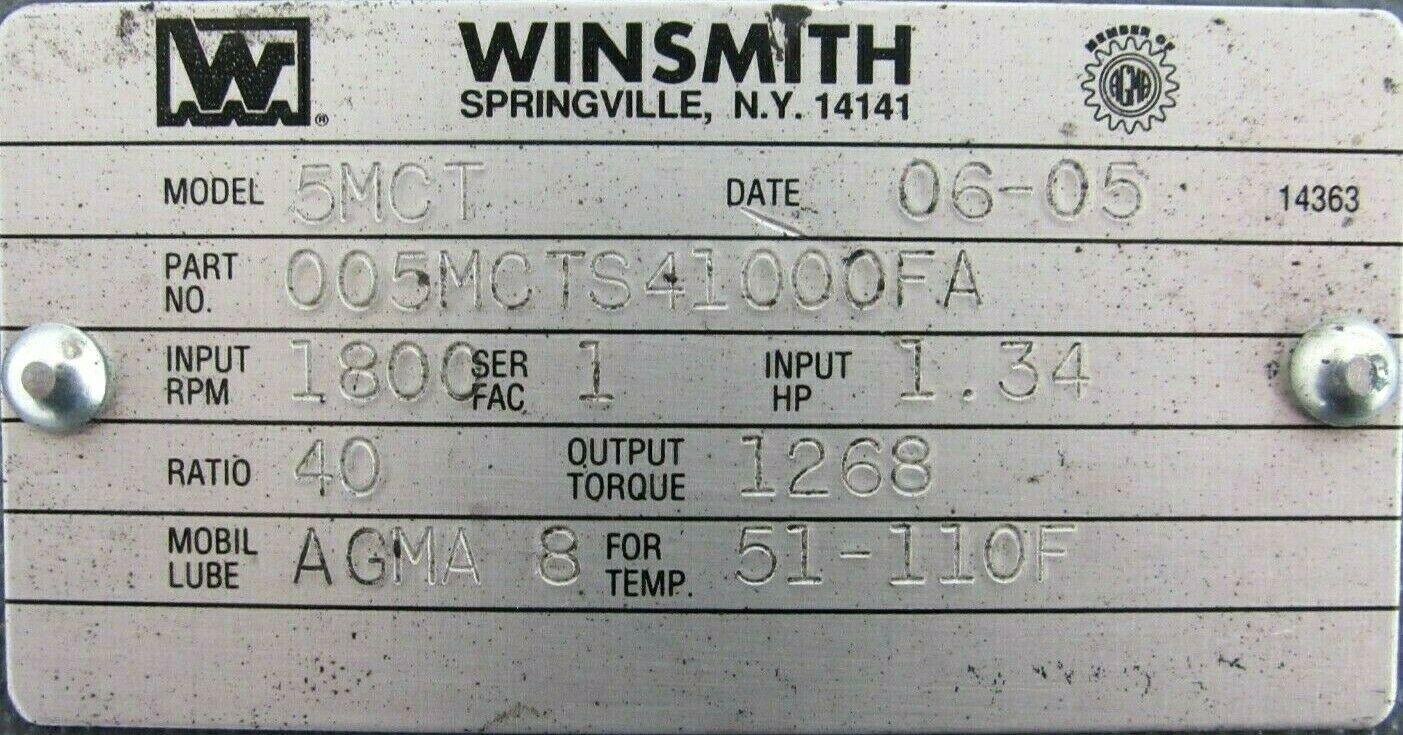 NEW WINSMITH 5MCT GEAR REDUCER 40:1 005MCTS41000FA - SB Industrial ...