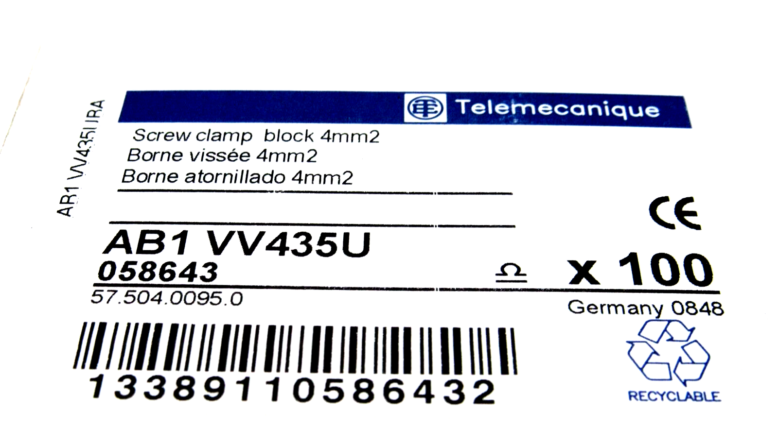 NEW BOX OF 100 TELEMECANIQUE AB1-VV435U TERMINAL BLOCKS AB1VV435U - SB ...