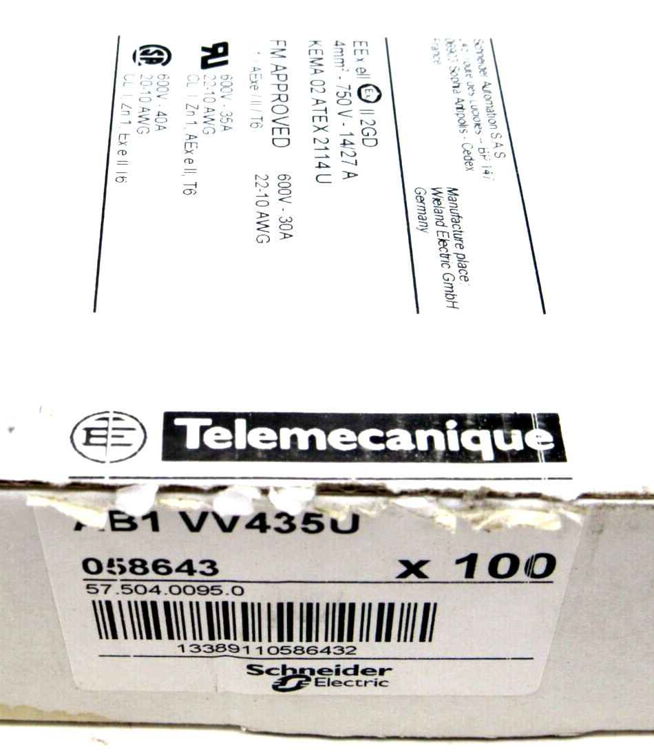 NEW BOX OF 100 TELEMECANIQUE AB1-VV435U TERMINAL BLOCKS AB1VV435U - SB ...
