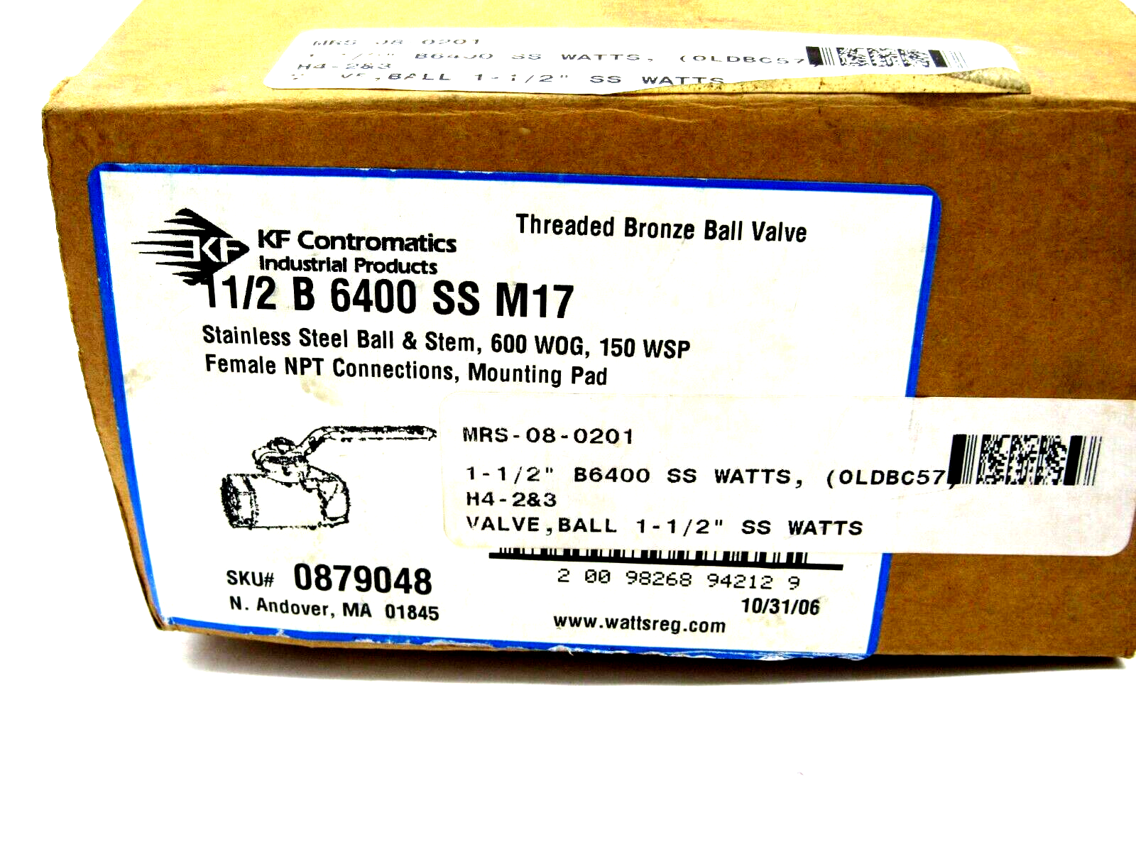 NEW KF CONTROMATICS B6400 BALL VALVE 1 1/2 B 6400 SS M17 - SB ...