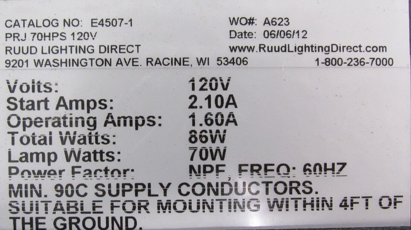NEW RUUD LIGHTING DIRECT E4507-1 LIGHT 120V 70W E45071 - SB Industrial ...