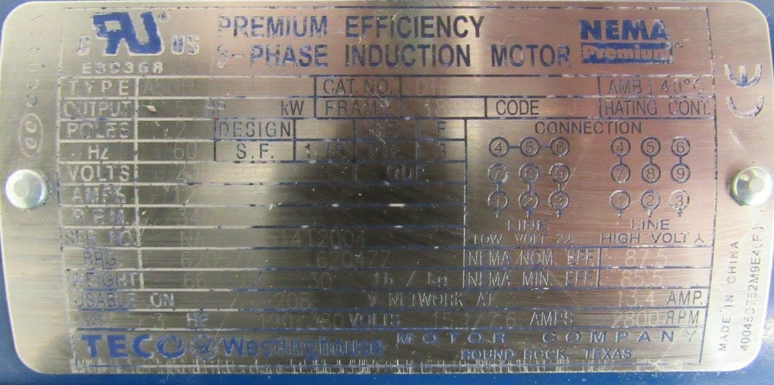 NEW TECO WESTINGHOUSE DTP0052 MOTOR 5HP 230/460V ASCH UW001 184T 1-1/8 ...